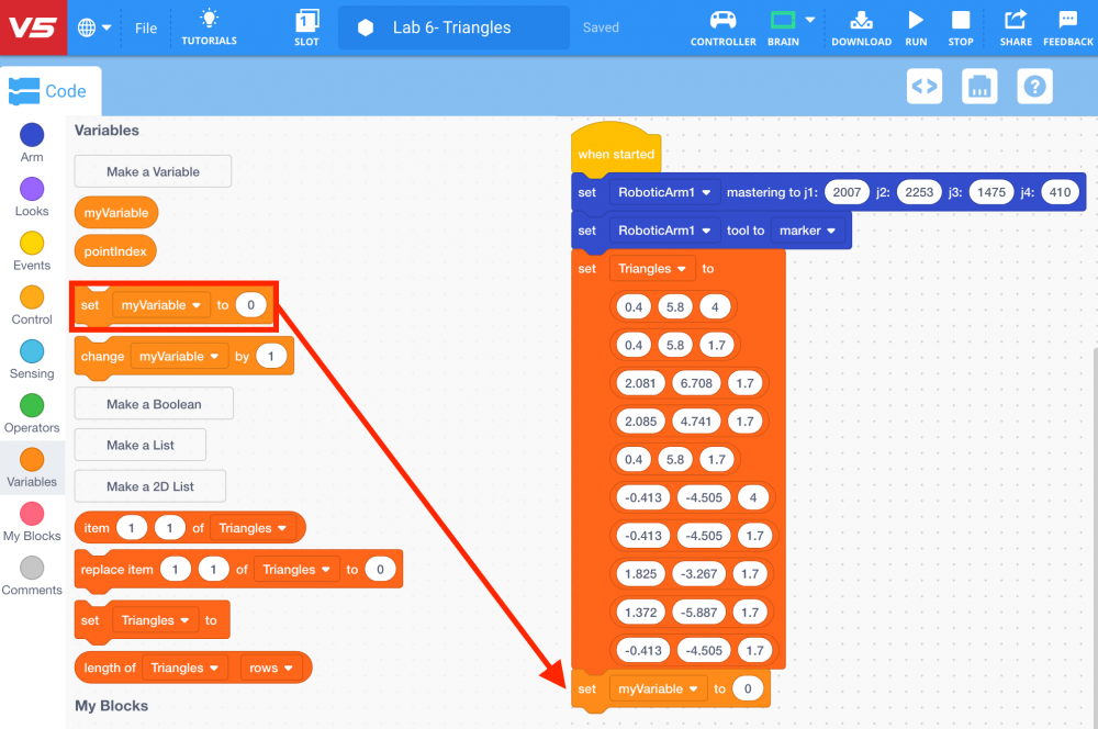 VEX Workcellv1 - Using an End Effector - Lab 6 - Create pointIndex Variable